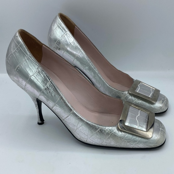 Celine | Shoes | Celine Silver Croc Embossed Square Toe Heels Pumps ...